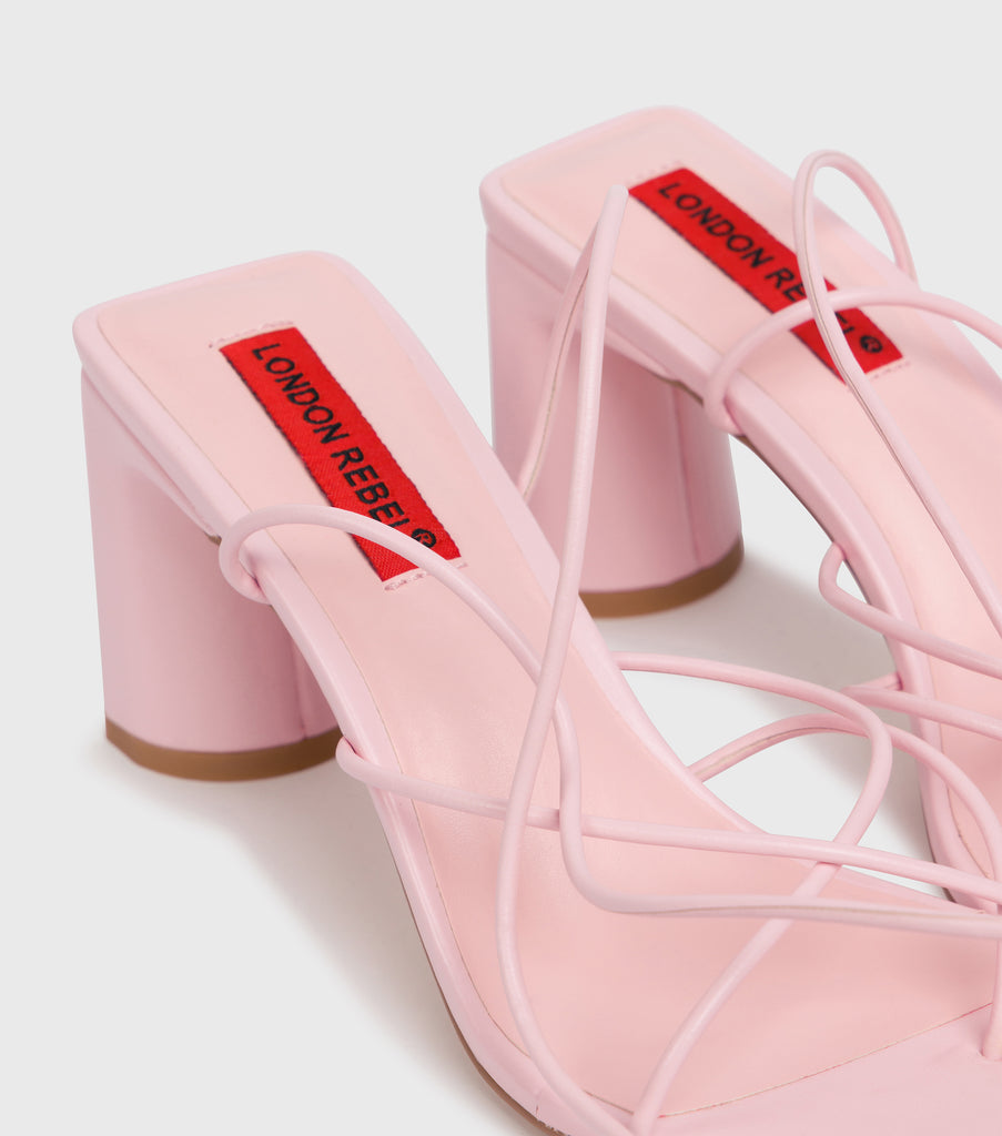 Evie Pink Ankle Wrap Block Heeled Sandals – London Rebel