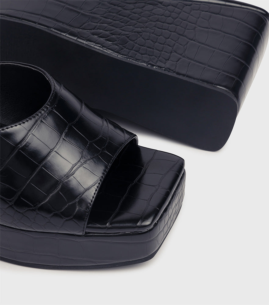 Fiona Black Croc Chunky Wedge – London Rebel
