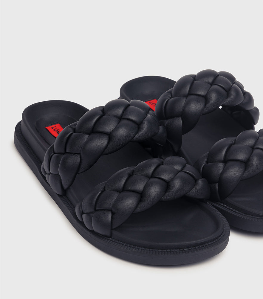 Ruby Black Plaited Double Strap Sliders – London Rebel